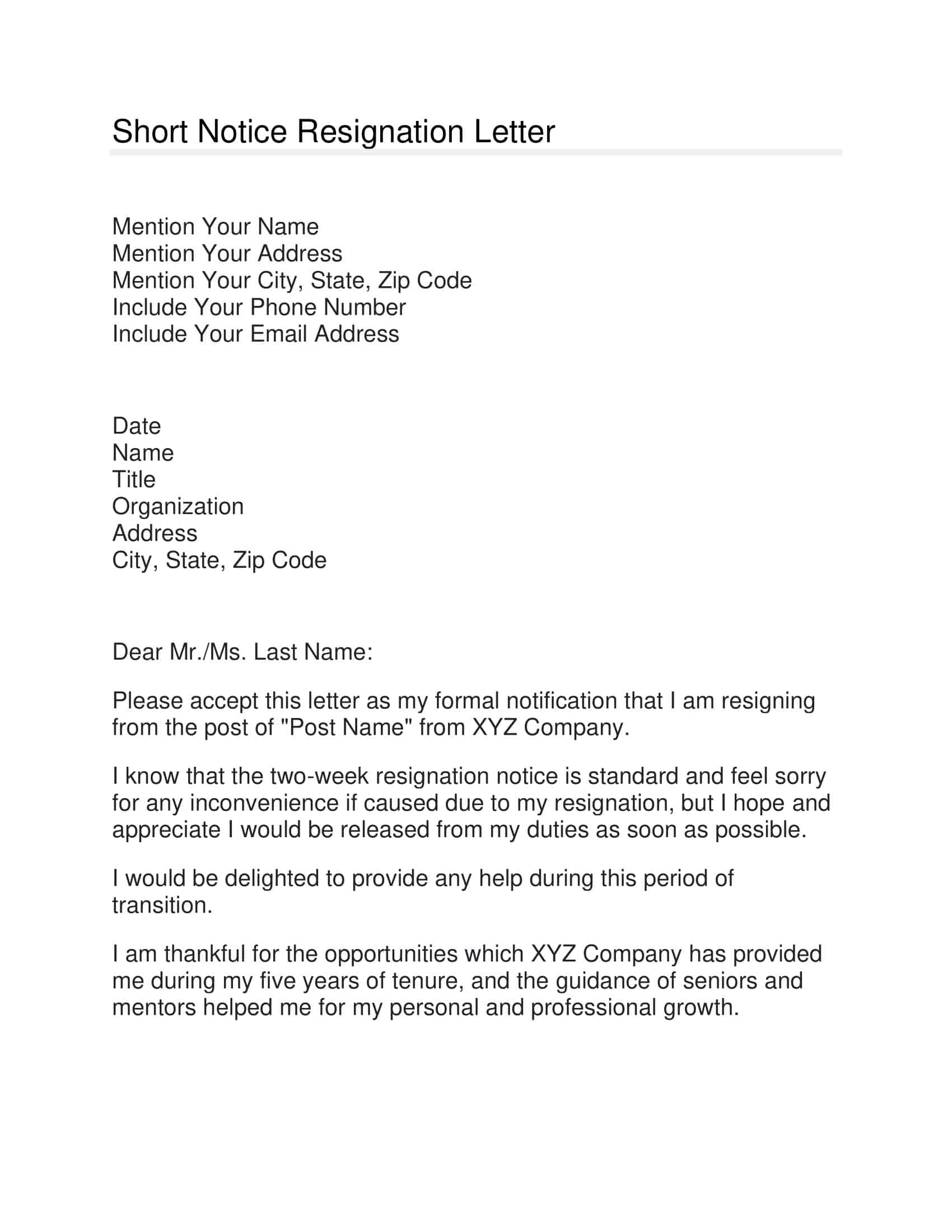 Free Printable Short Notice Resignation Letter Templates PDF Word free-printable-short-notice-resignation-letter-templates-pdf-word