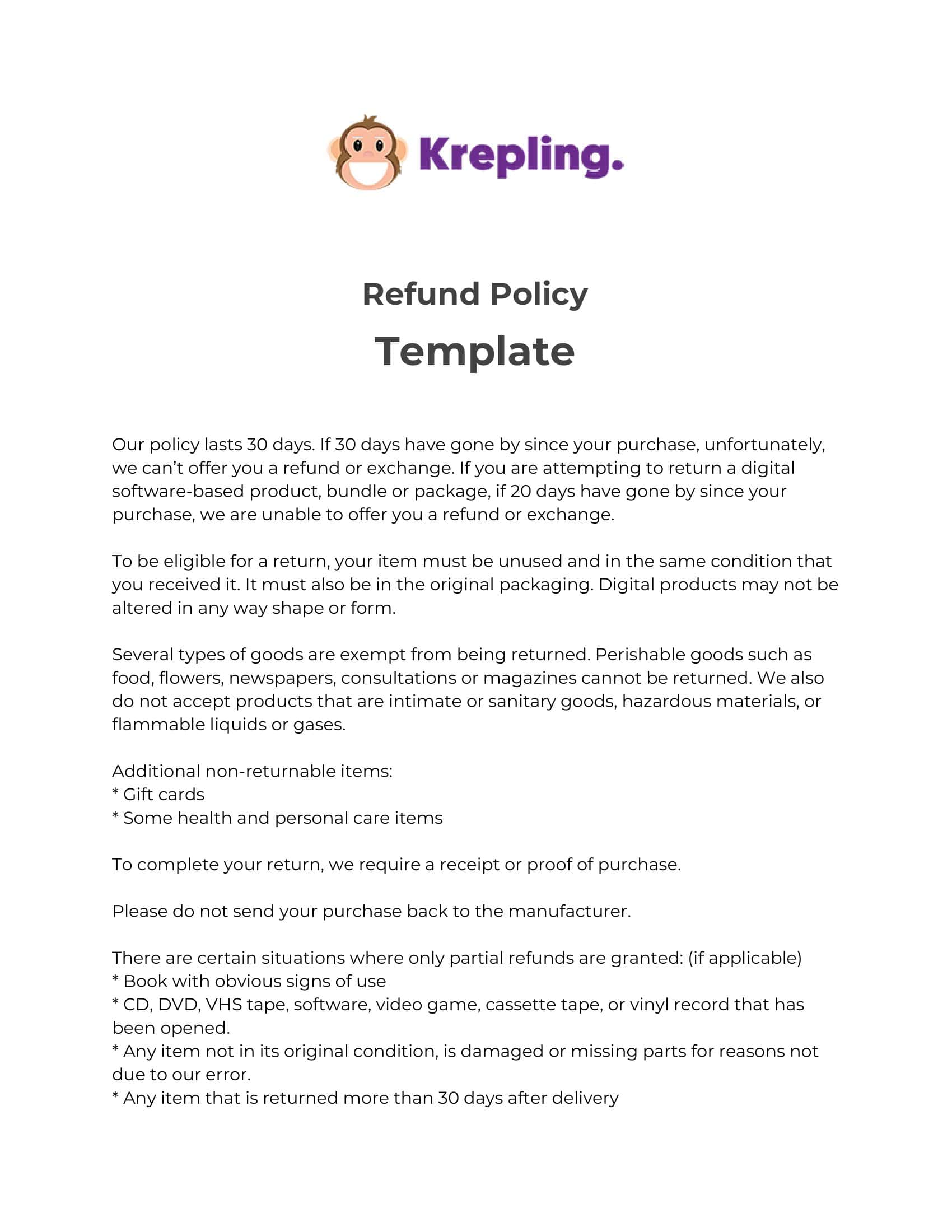 Free Printable Refund Policy Templates Word PDF Services Digital 