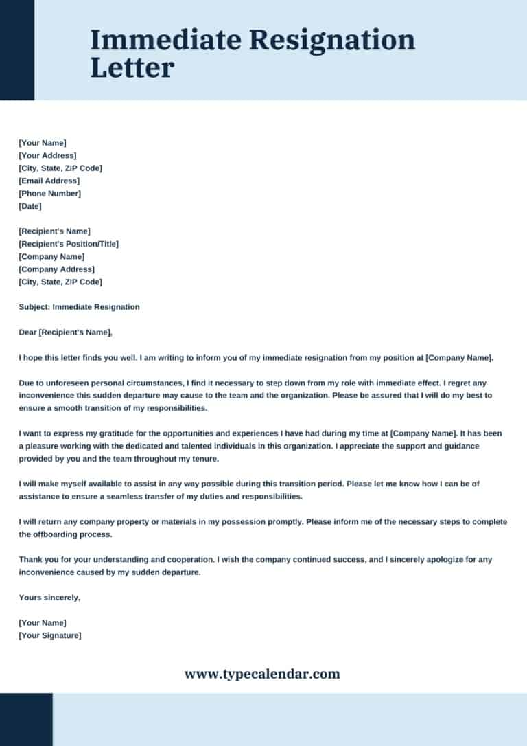 Free Printable Immediate Resignation Letter Templates PDF Word 