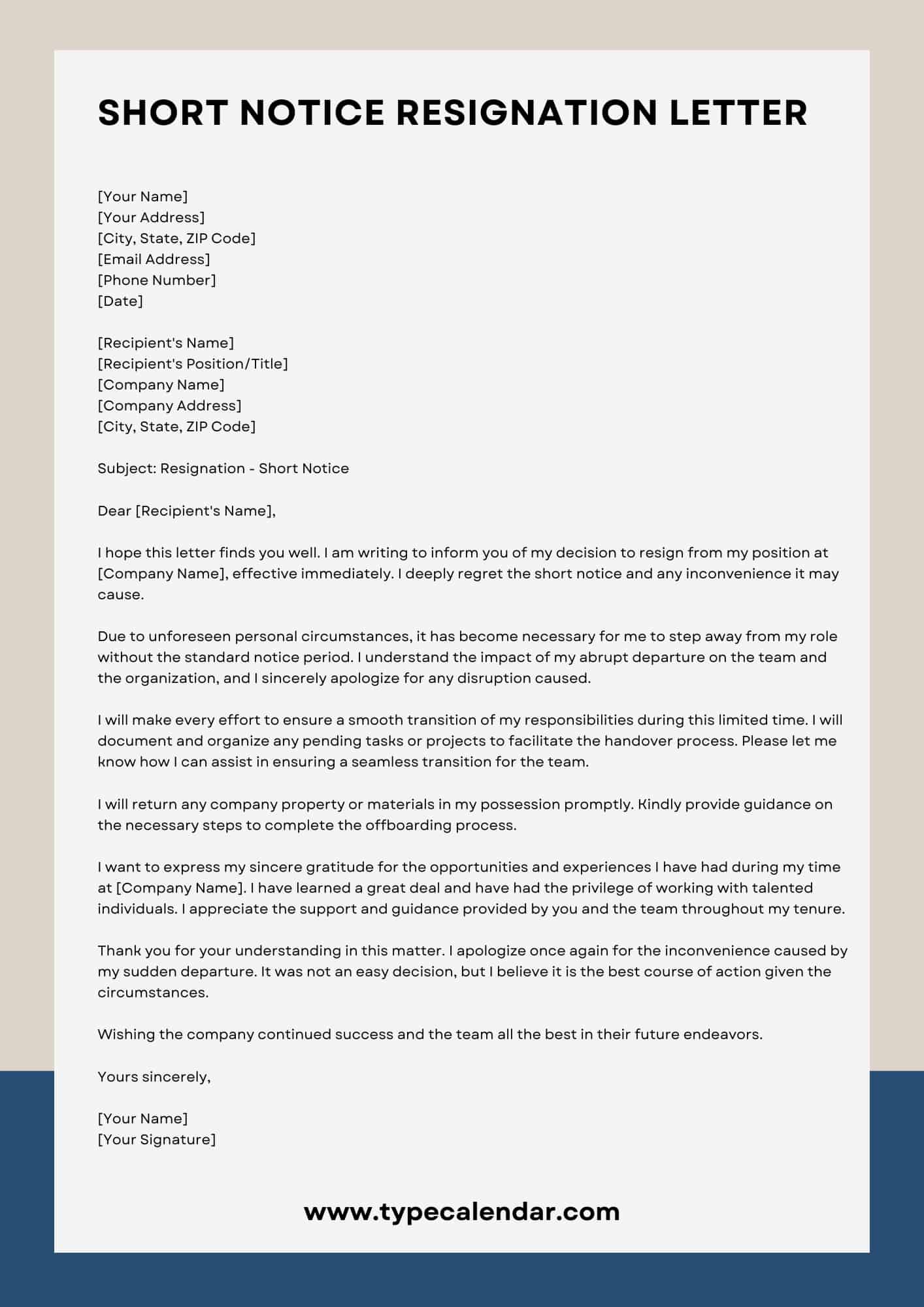 Free Printable Short Notice Resignation Letter Templates PDF Word 