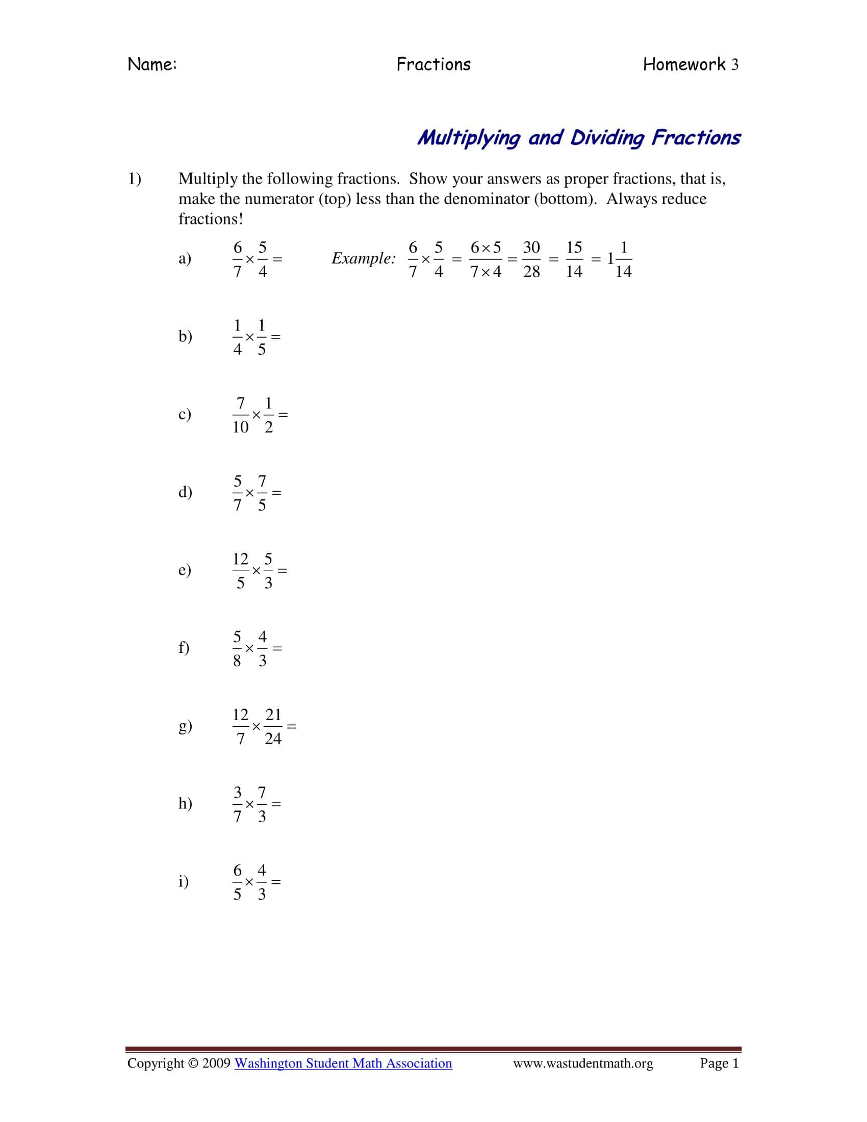 Dividing Fractions Multiple Choice Quiz Printable
