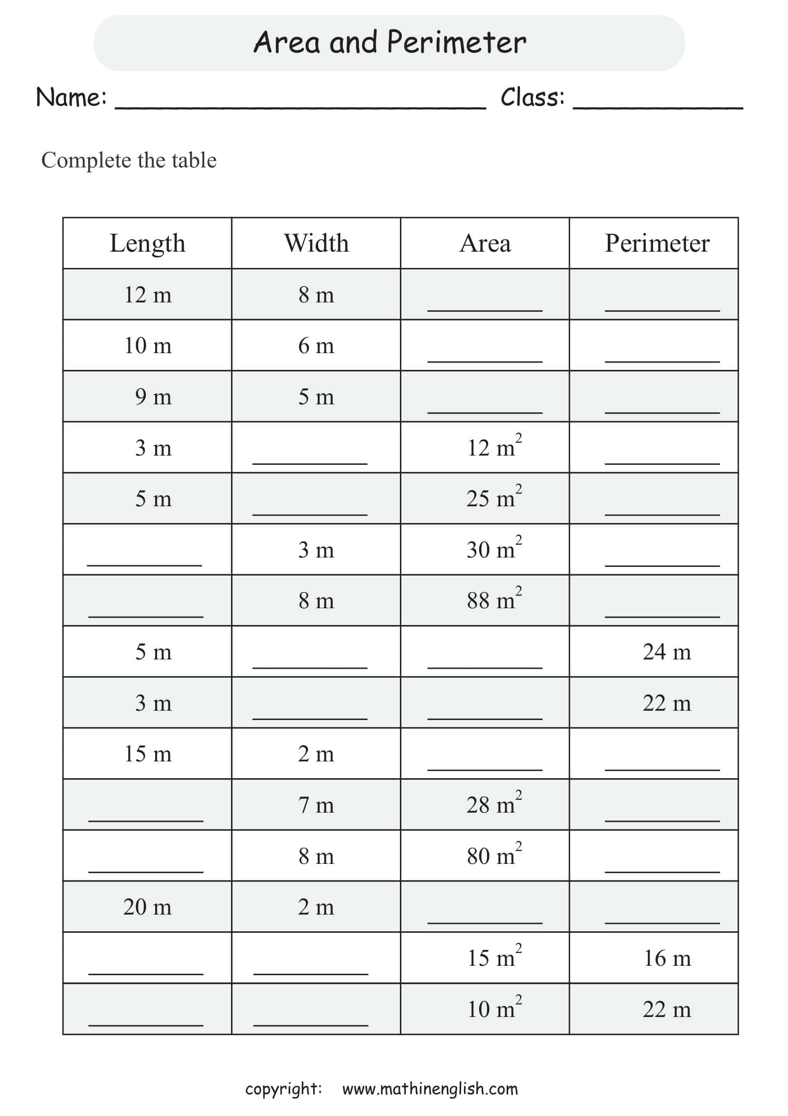 Free Printable Worksheets On Area And Perimeter