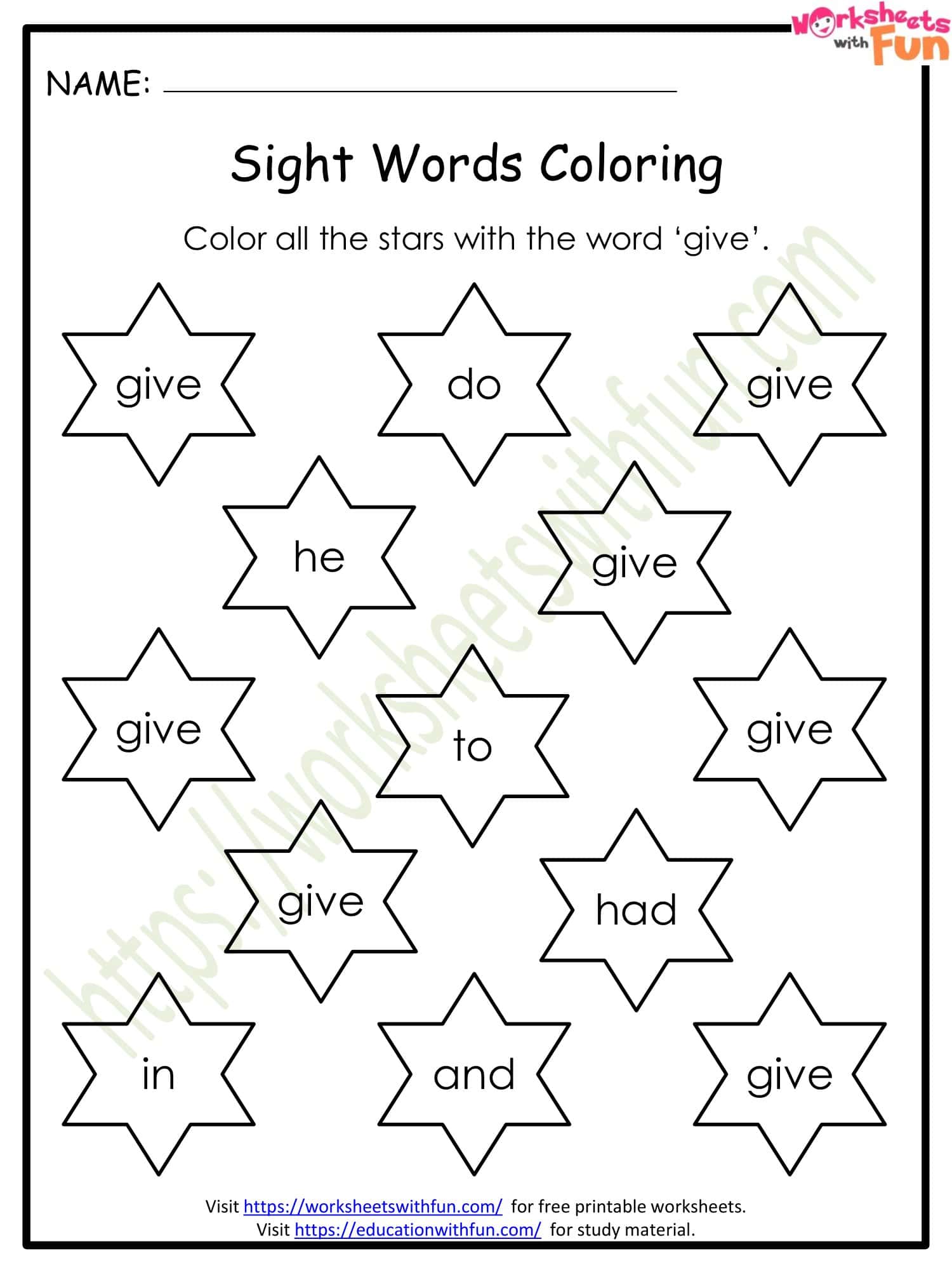 Sight Words Free Printable Worksheets