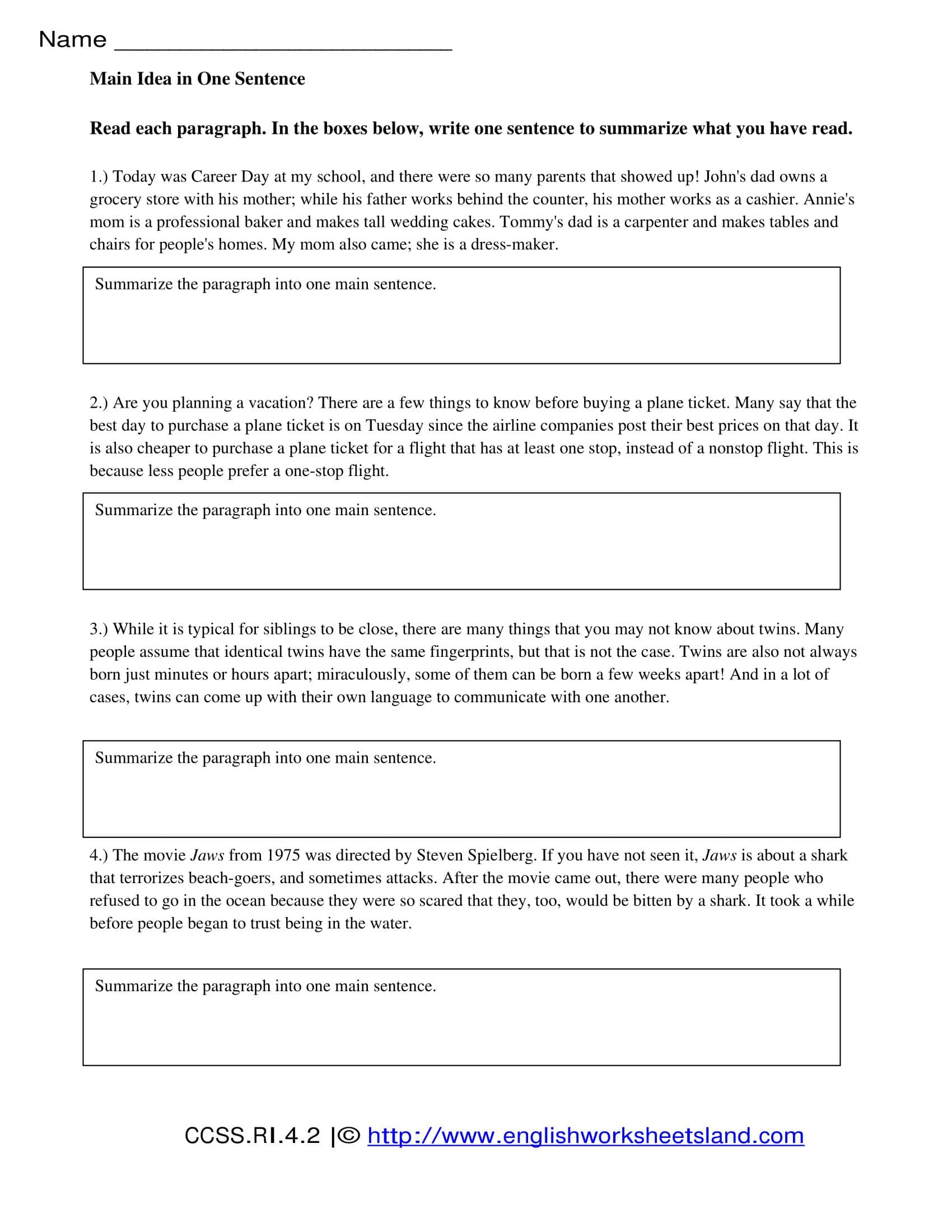 Main Idea Worksheets Printable