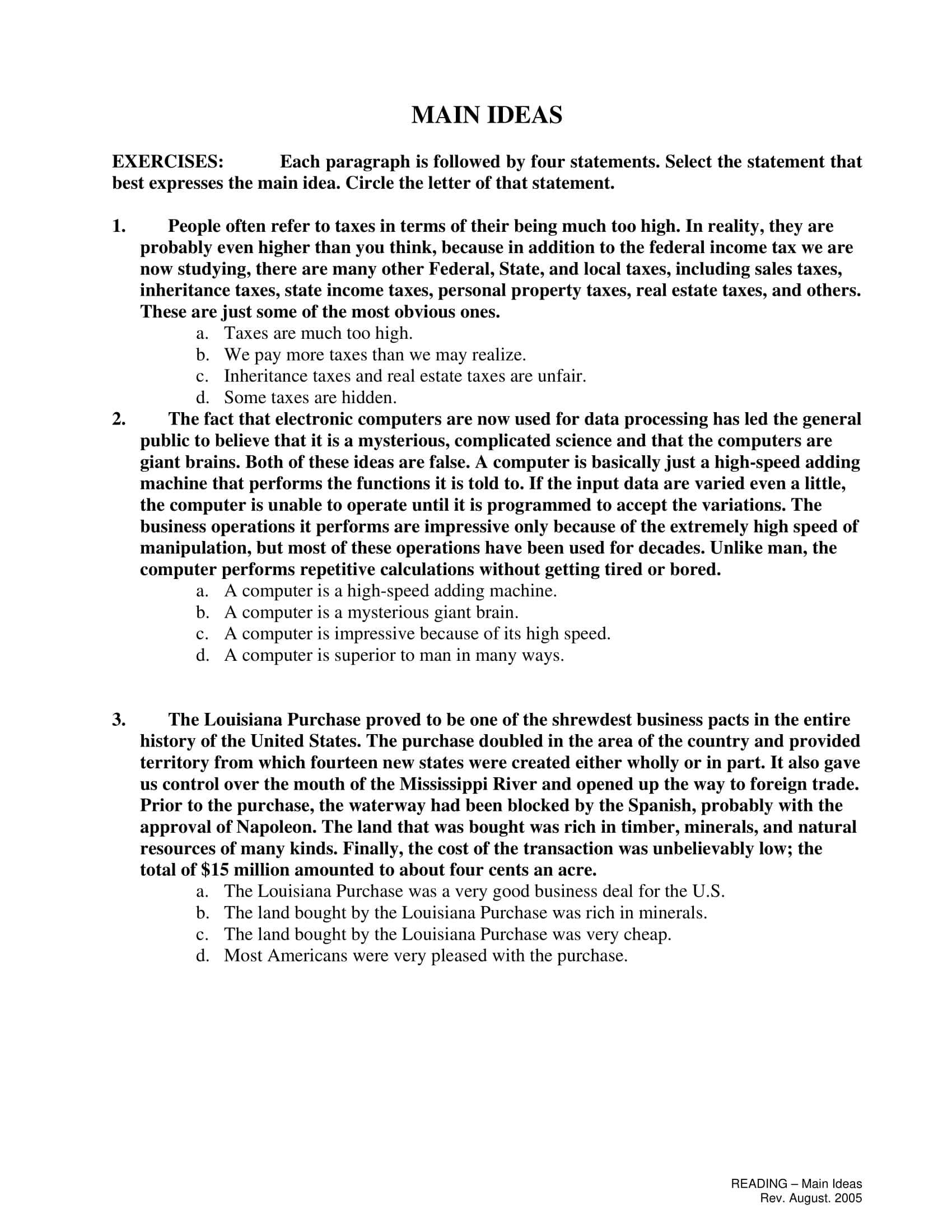 Main Idea Printable Worksheets