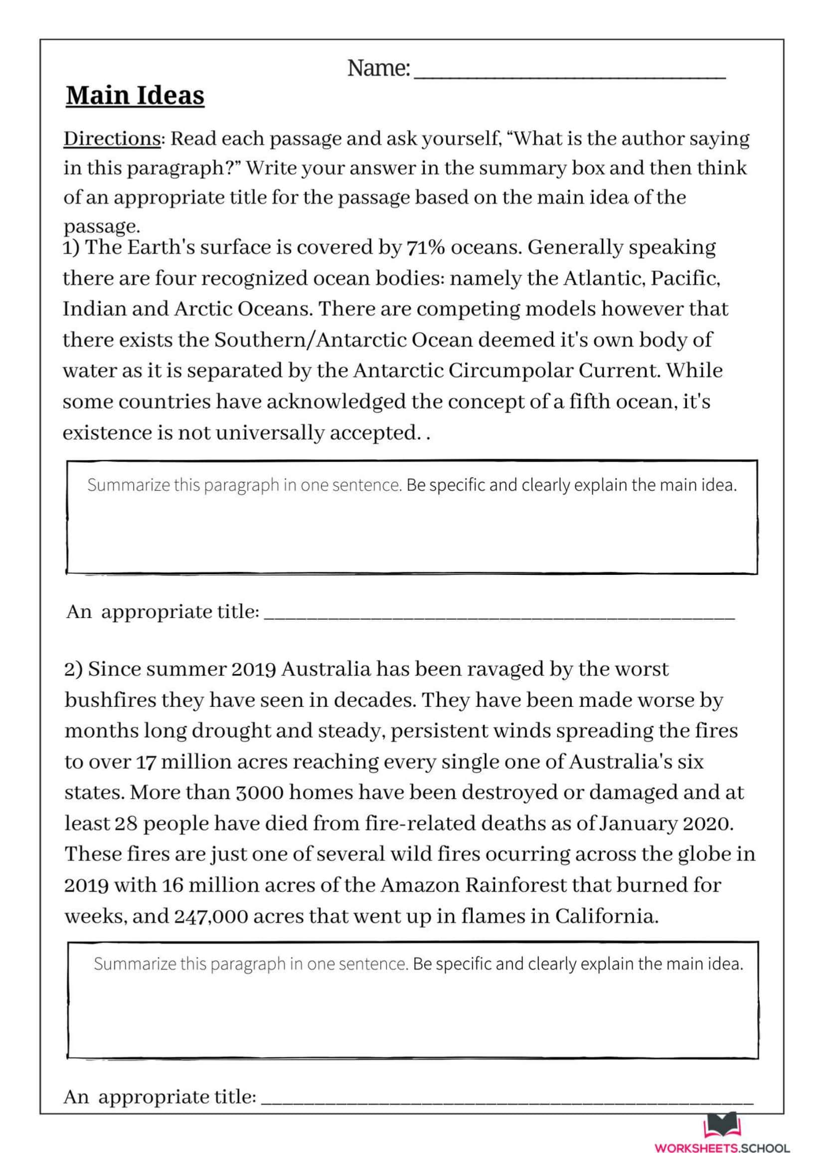 Main Idea Printable Worksheets