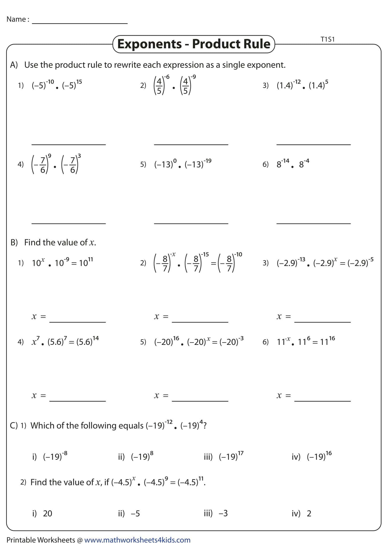 Free Printable Exponent Rules Worksheets PDF Answers Grade 1 12 Free Printable Exponent Rules Worksheets PDF Answers Grade 1 12
