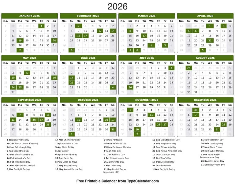 2026 Calendar - Free Printable Calendar With Holidays