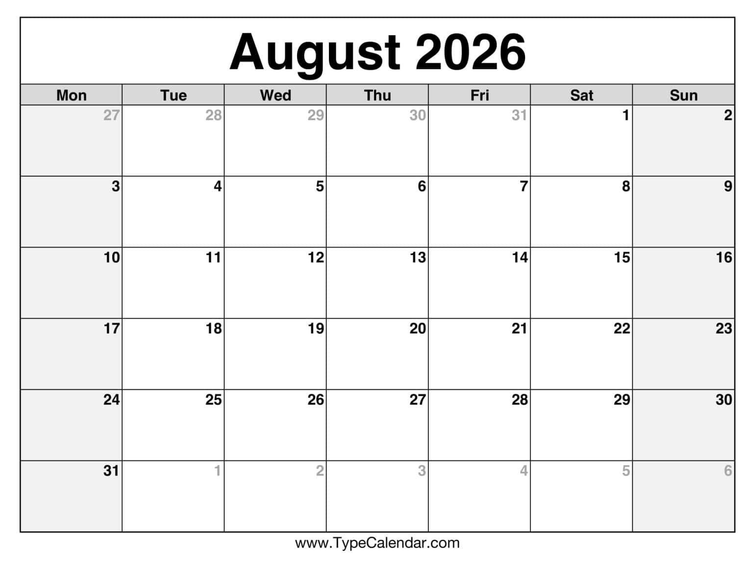 August 2026 Calendars - Free Printable Templates