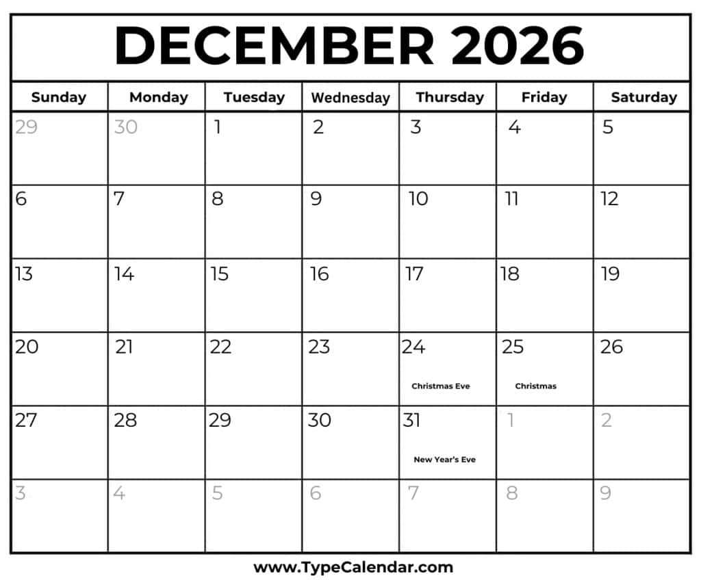 December 2026 Calendars - Free Printable Templates