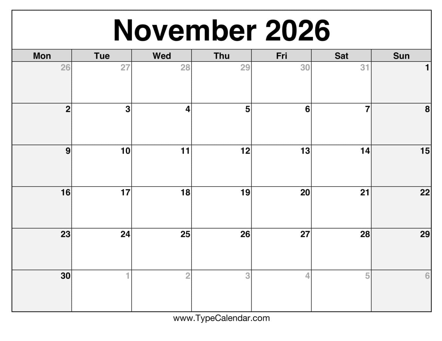 November 2026 Calendars - Free Printable Templates