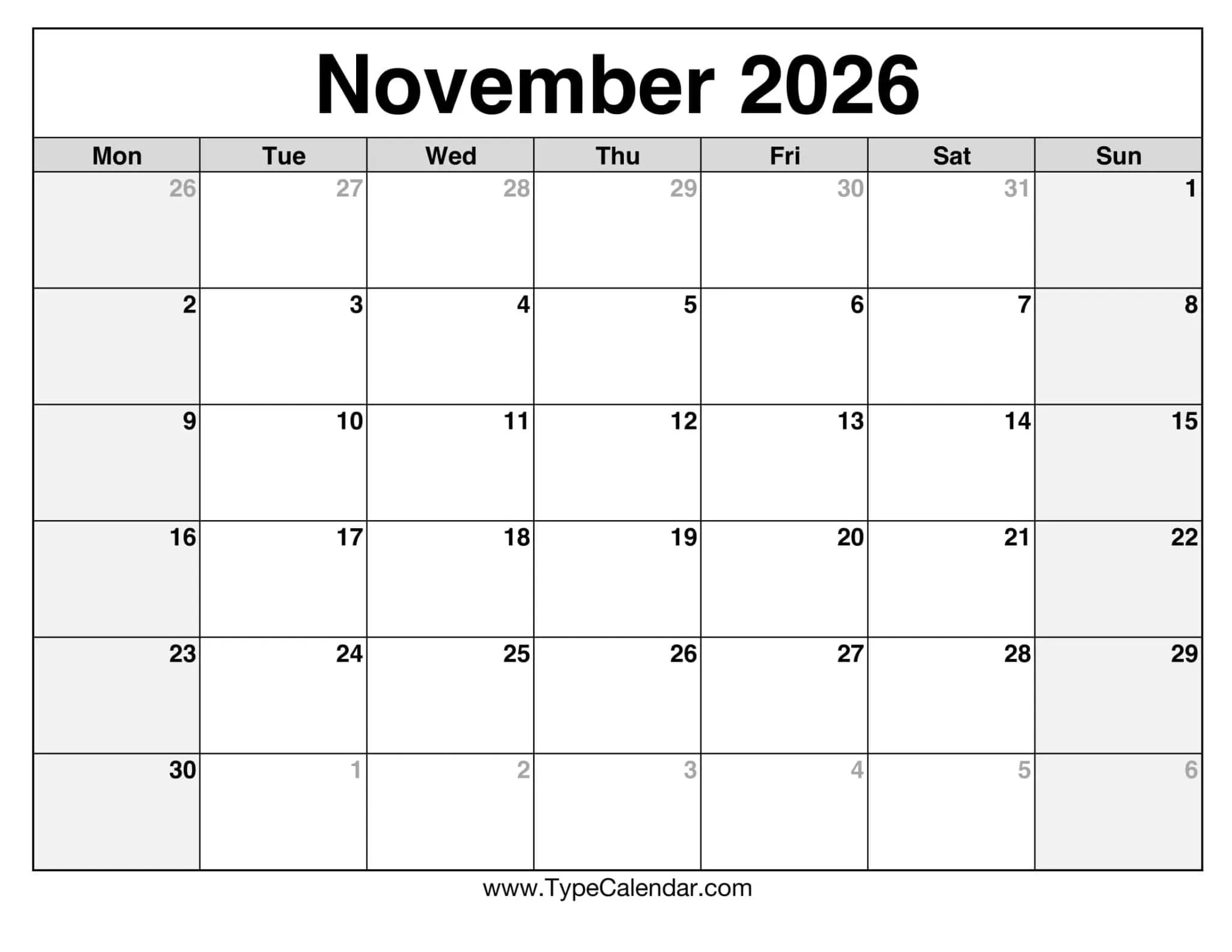 November 2026 Calendars - Free Printable Templates