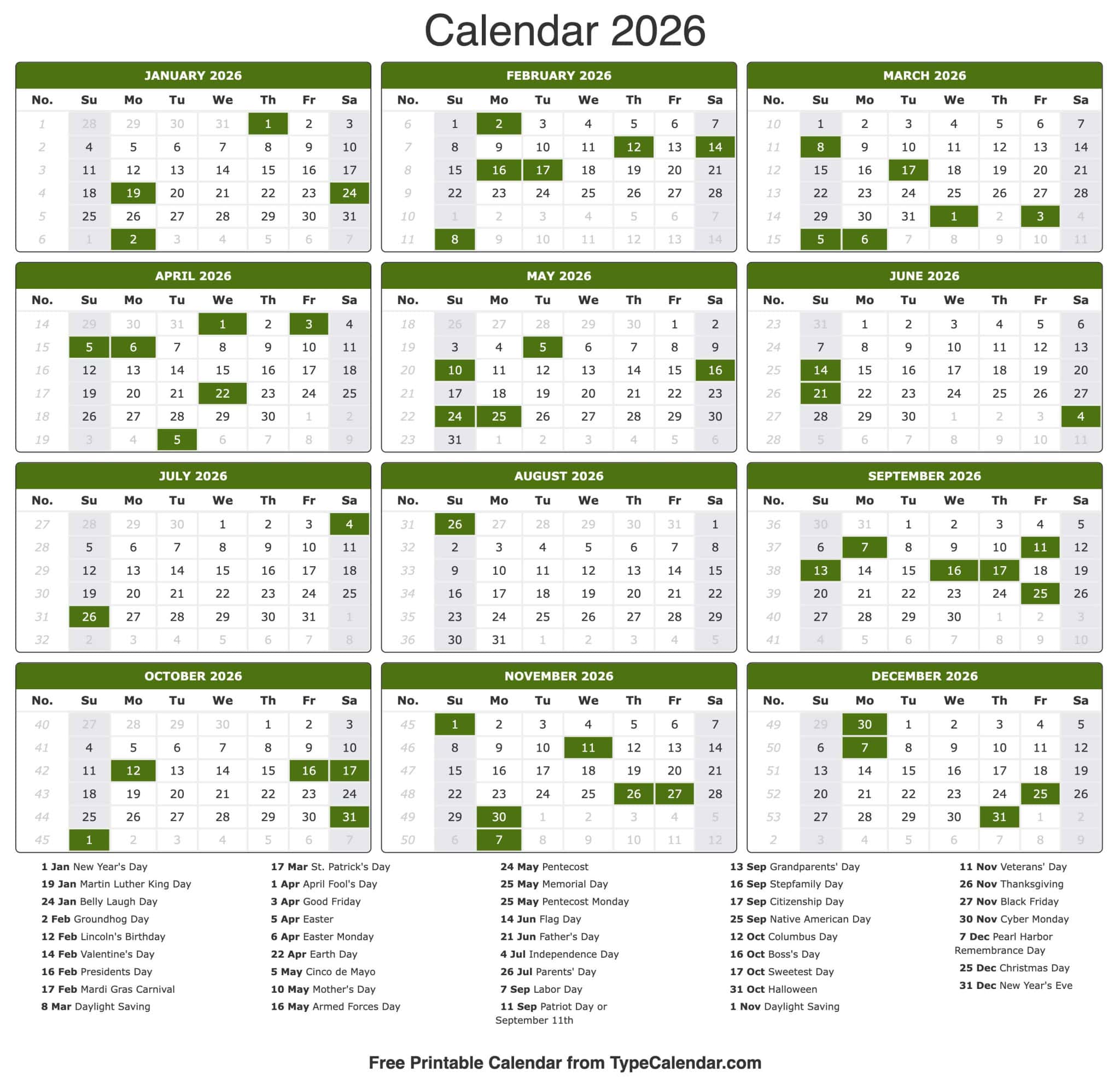 2026 Calendar - Free Printable Calendar With Holidays