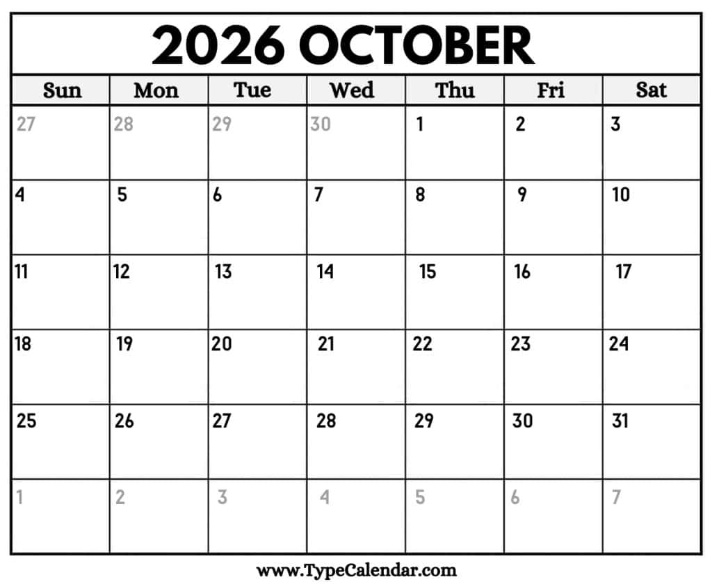 October 2026 Calendars - Free Printable Templates